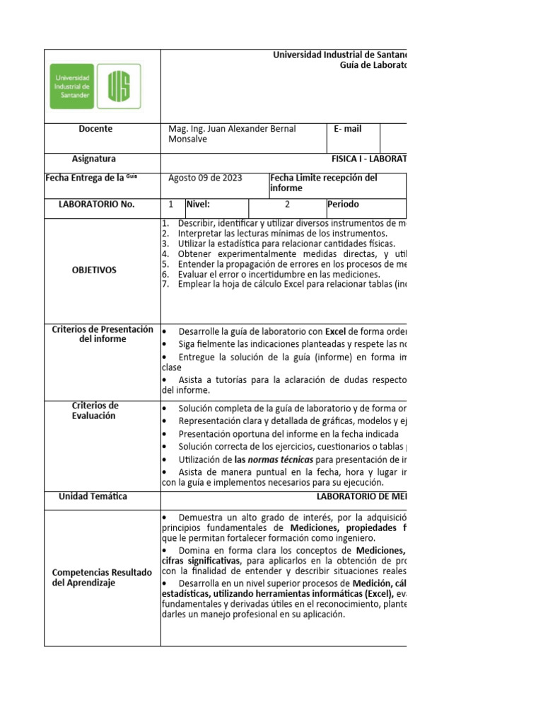 Guia - Lab 01 Mediciones - Fisica I - 2023-2 | Descargar gratis PDF | Medición | Science