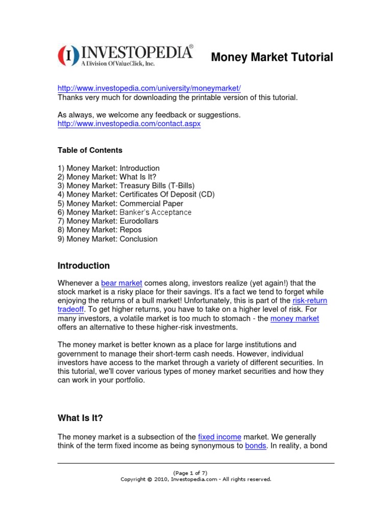 Money Market Tutorial: (Page 1 of 7) | PDF | Business | Finance & Money ...