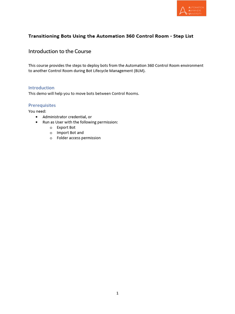 Transitioning Bots Using The Automation 360 Control Room - Step List | PDF | Computer File ...