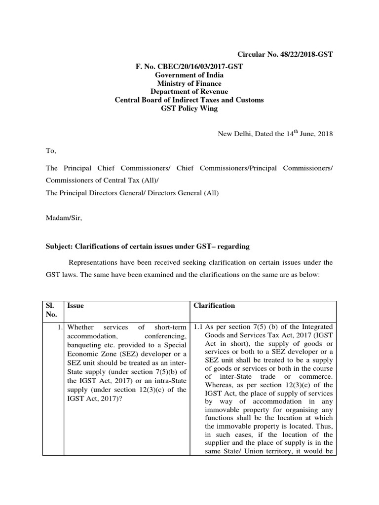 Circular - 48!22!2018-GST Clarification On Supply To SEZ | PDF