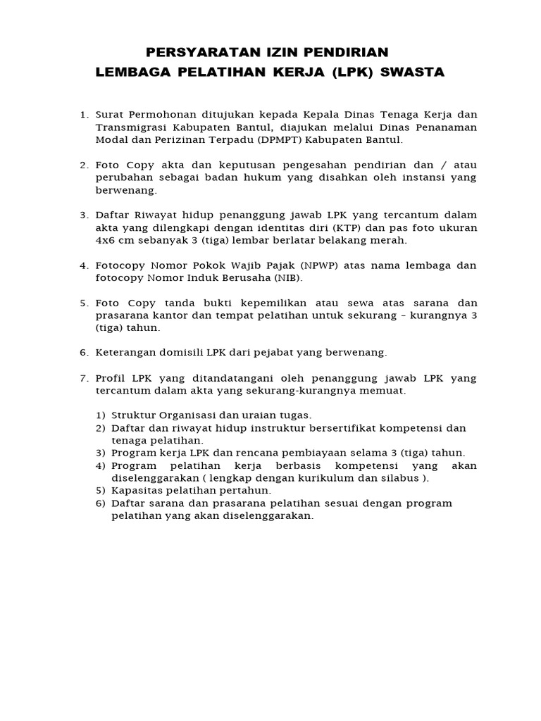 Persyaratan Izin Pendirian LPK | PDF