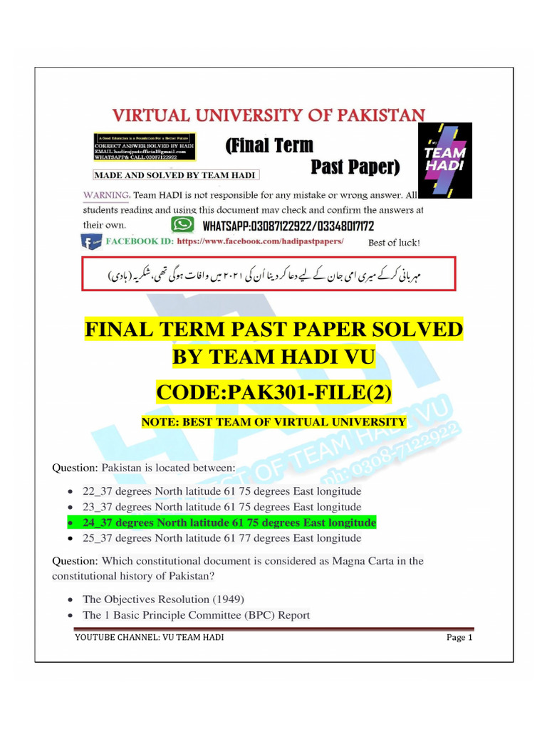 Pak301 Final Term File 9 Solved by Team Hadi | PDF