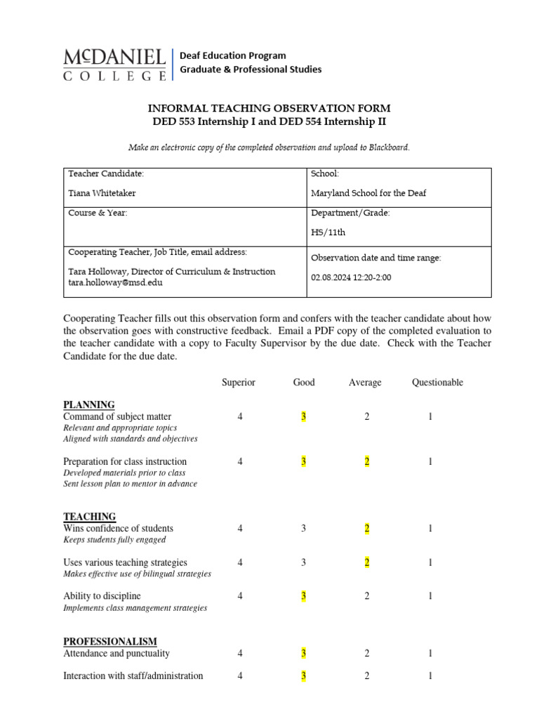 Informal Teaching Observation Form - Tiana 02 | PDF | Teachers | Lesson ...