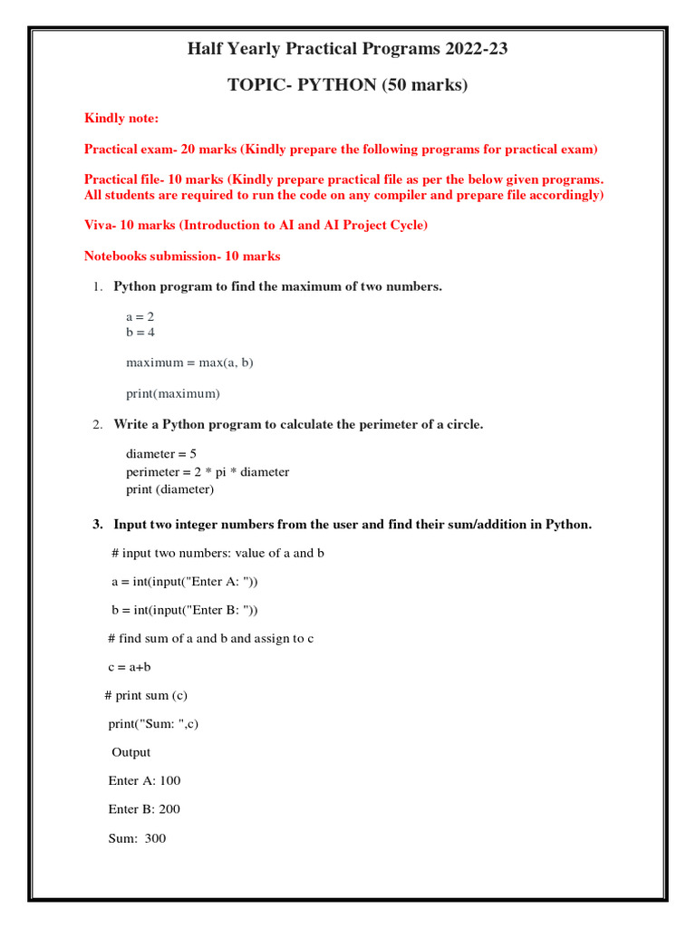 Python Half Yearly Practical 2022-23 | PDF | Area | Pi