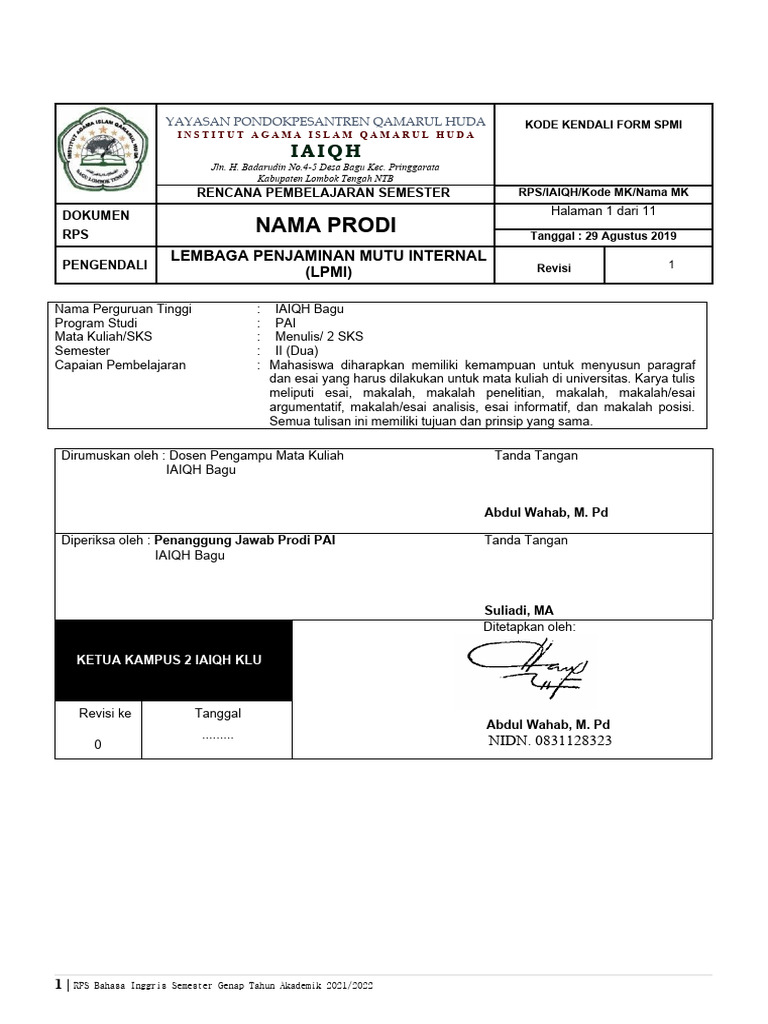 Rencana Pembelajaran Menulis PAI IAIQH | PDF | Karier & Perkembangan