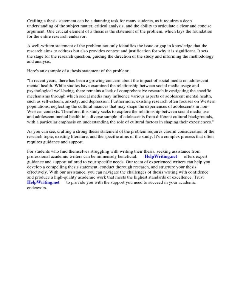 Thesis Statement of The Problem Example | PDF