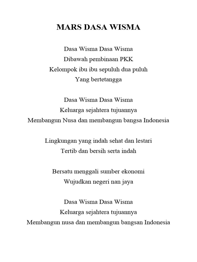 Lirik dan Notasi Mars Dasa Wisma | PDF