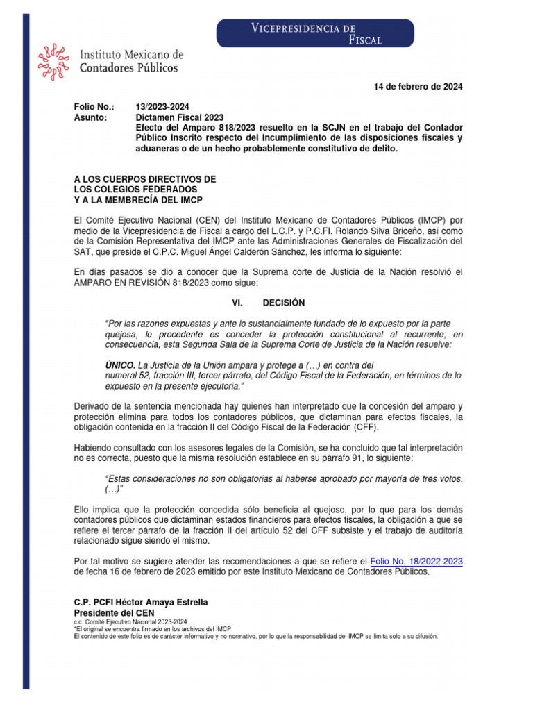 Folio 13. Dictamen Fiscal 2023. Efecto Del Amparo 8182023 Resuelto en La SCJN en El Trabajo Del ...