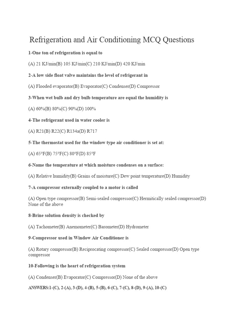 Refrigeration and Air Conditioning MCQ Questions | PDF | Air ...