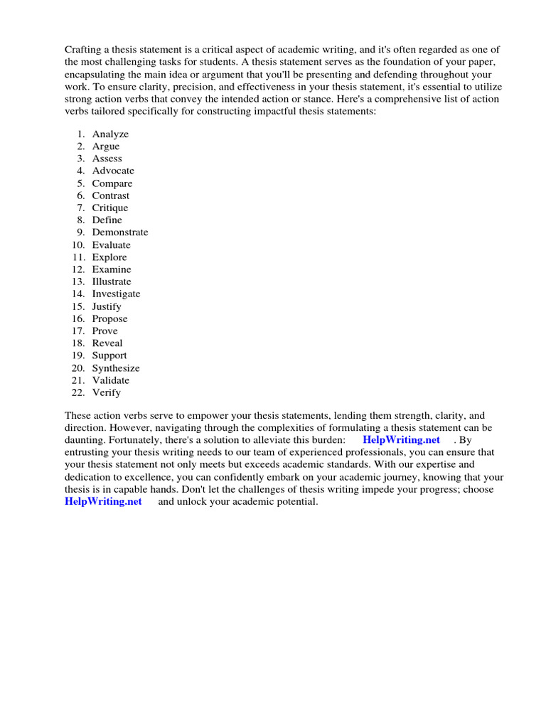 List Of Action Verbs For Thesis Statements PDF Essays Thesis
