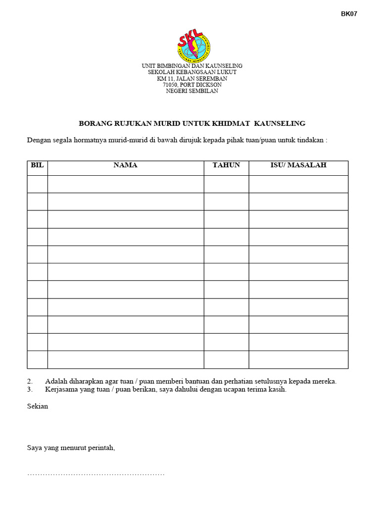 Borang Rujukan Murid Bermasalah | PDF