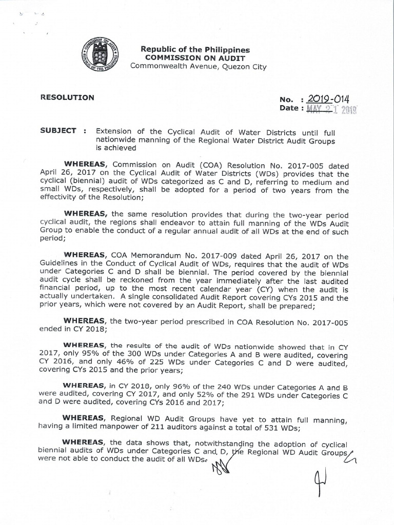 COA - R2019 014 Extension of Cyclical Audit of WD | PDF