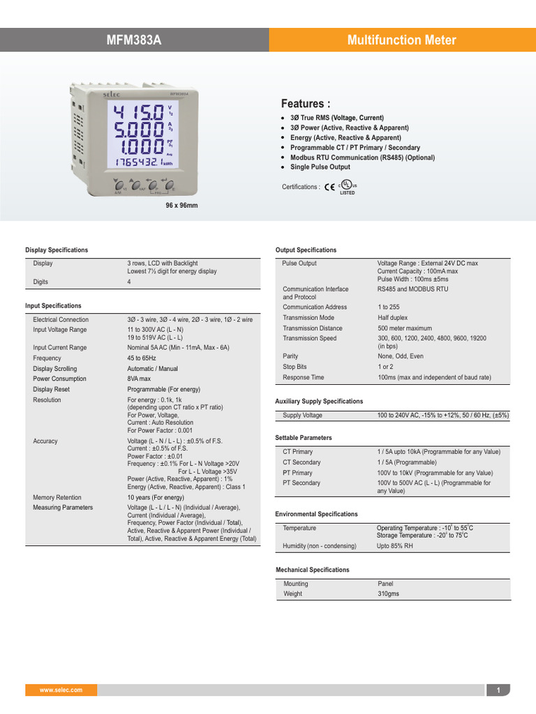 SELEC DIGITAL POWER METER MFM383A - Datasheet | PDF | Alternating ...