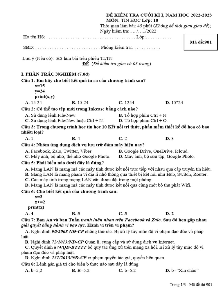 Đề thi KH tin 10-KNTT | PDF