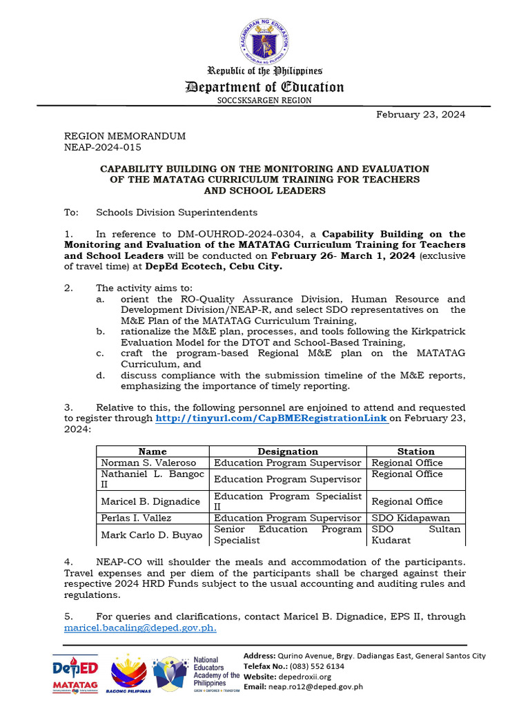Region Memorandum NEAP-2024-015 CAPABILITY BUILDING ON THE MONITORING AND EVALUATION OF MATATAG ...