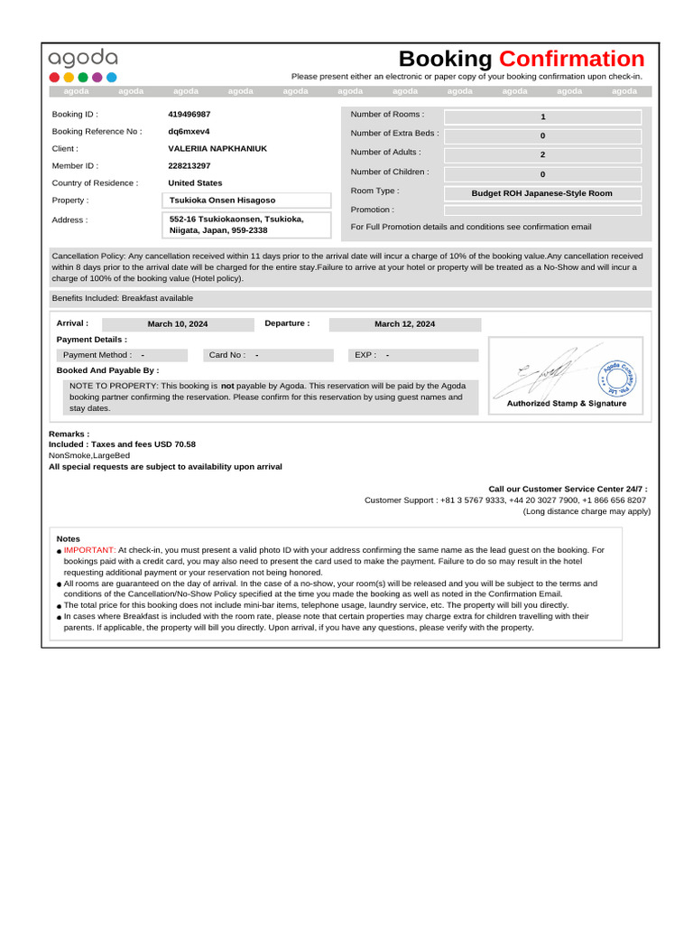 Agoda Booking Confirmation Details | PDF | Economies | Payments