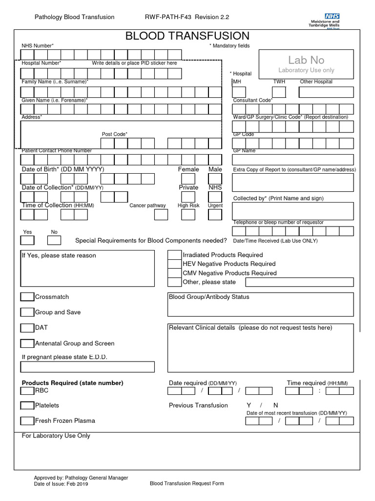 Blood Transfusion Request Form | PDF | Blood Transfusion | Tissue (Biology)