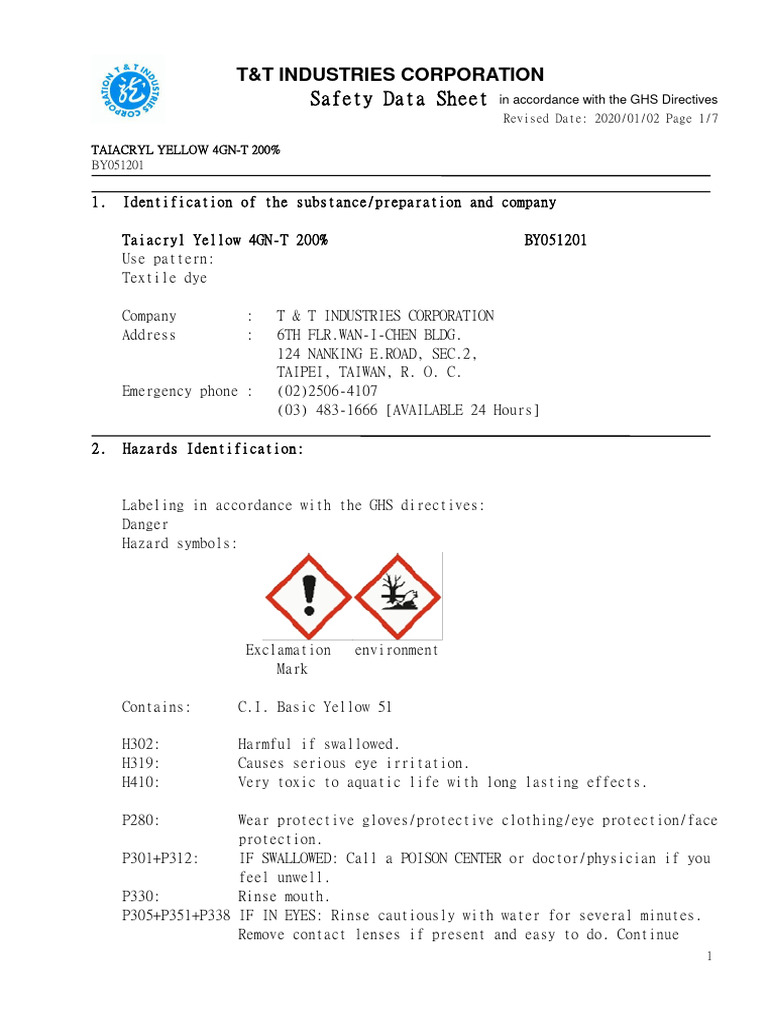 Taiacryl Yellow 4GN-T 200% BY051201 (002) - UN 3077 | PDF