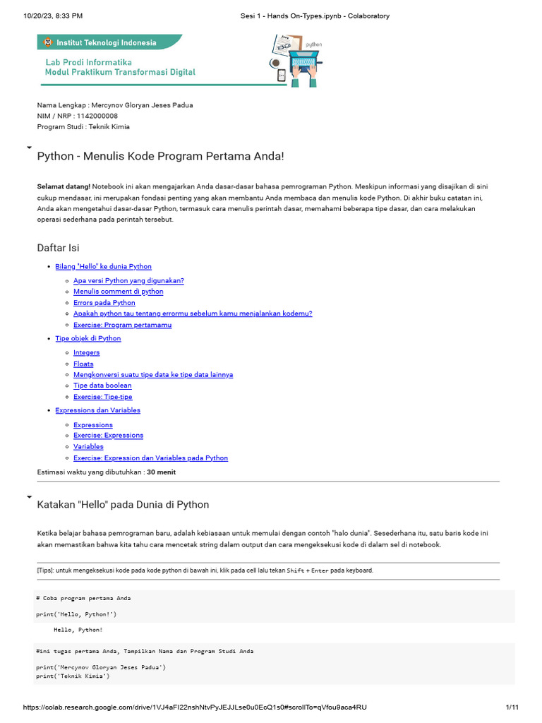 Sesi 1 - Hands On-Types - Ipynb - Colaboratory | PDF | Komputer Sesi 1 - Hands On-Types - Ipynb - Colaboratory | PDF | Komputer