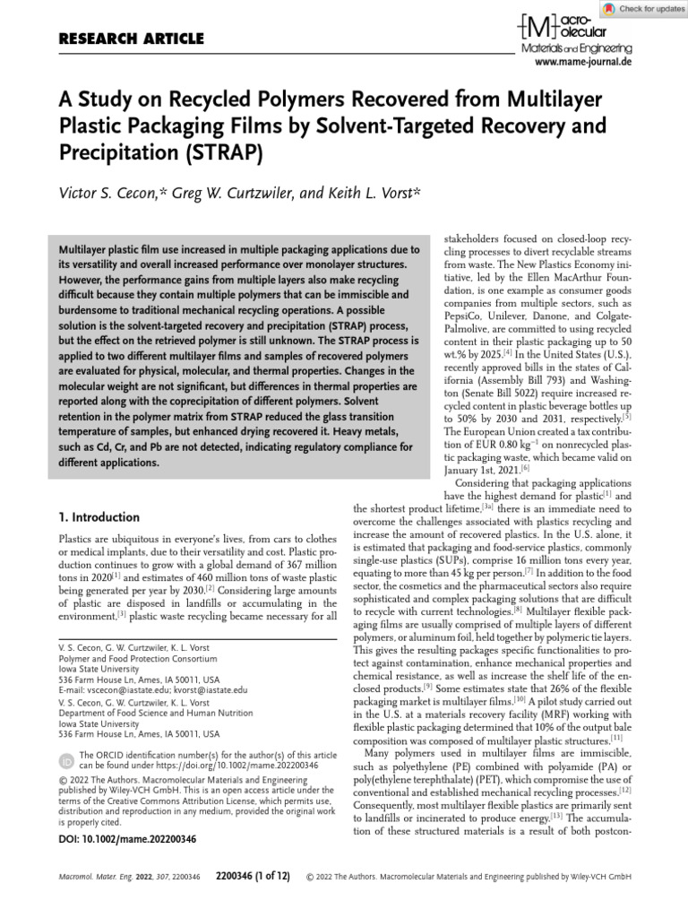 Macro Materials Eng - 2022 - Cecon - A Study On Recycled Polymers ...