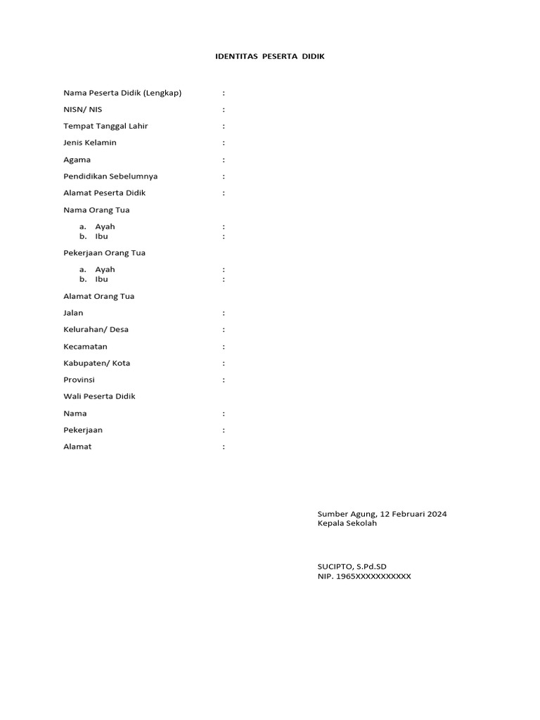 Contoh Format Identitas Peserta Didik | PDF
