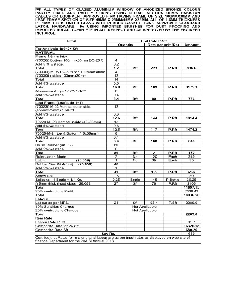 Rate Analysis | PDF | Mortar (Masonry) | Door
