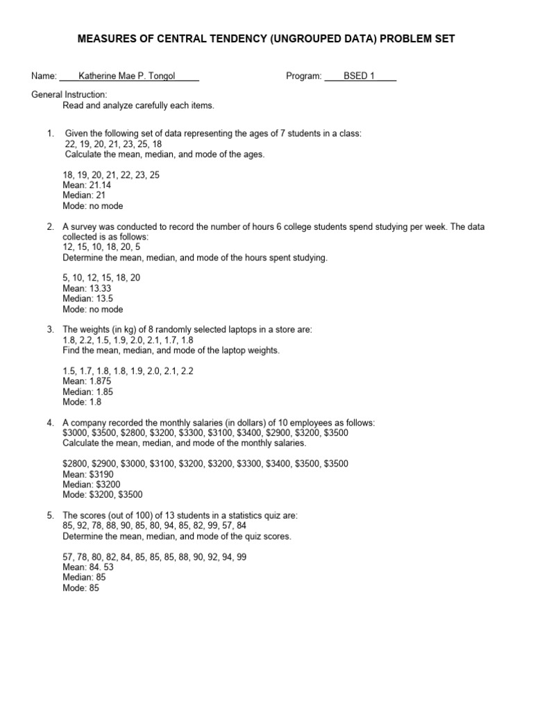 (Ganzon) Ungrouped Data Measures of Central Tendency | PDF | Mean