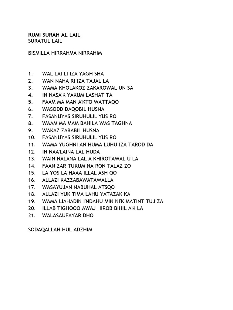 Rumi Surah Al Lail, Sham & Balad | PDF