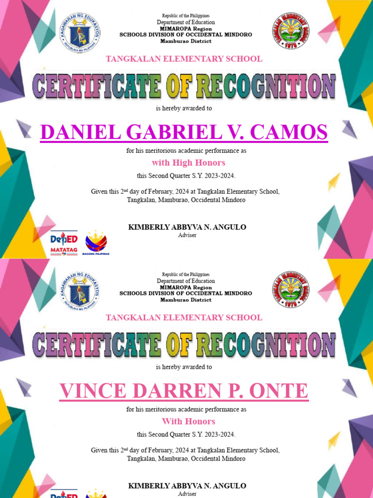 Academic Awards at Tangkalan Elementary | PDF | Philippines