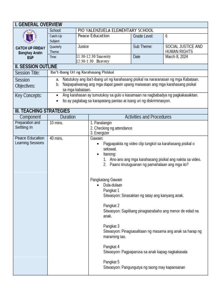 Grade 6 Catch Up Friday PEACE ED MARCH 8 Lesson Plan - SDO PASIG | PDF