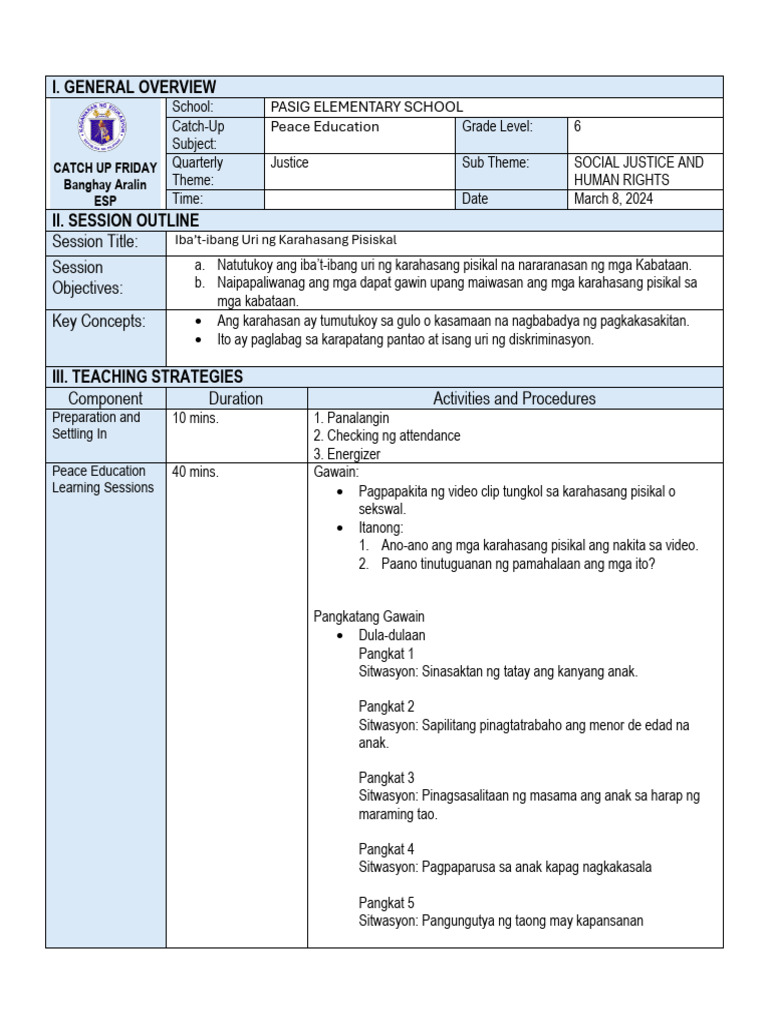 Grade 6 Catch Up Friday Peace Ed March 8 Lesson Plan Sdo Pasig | PDF