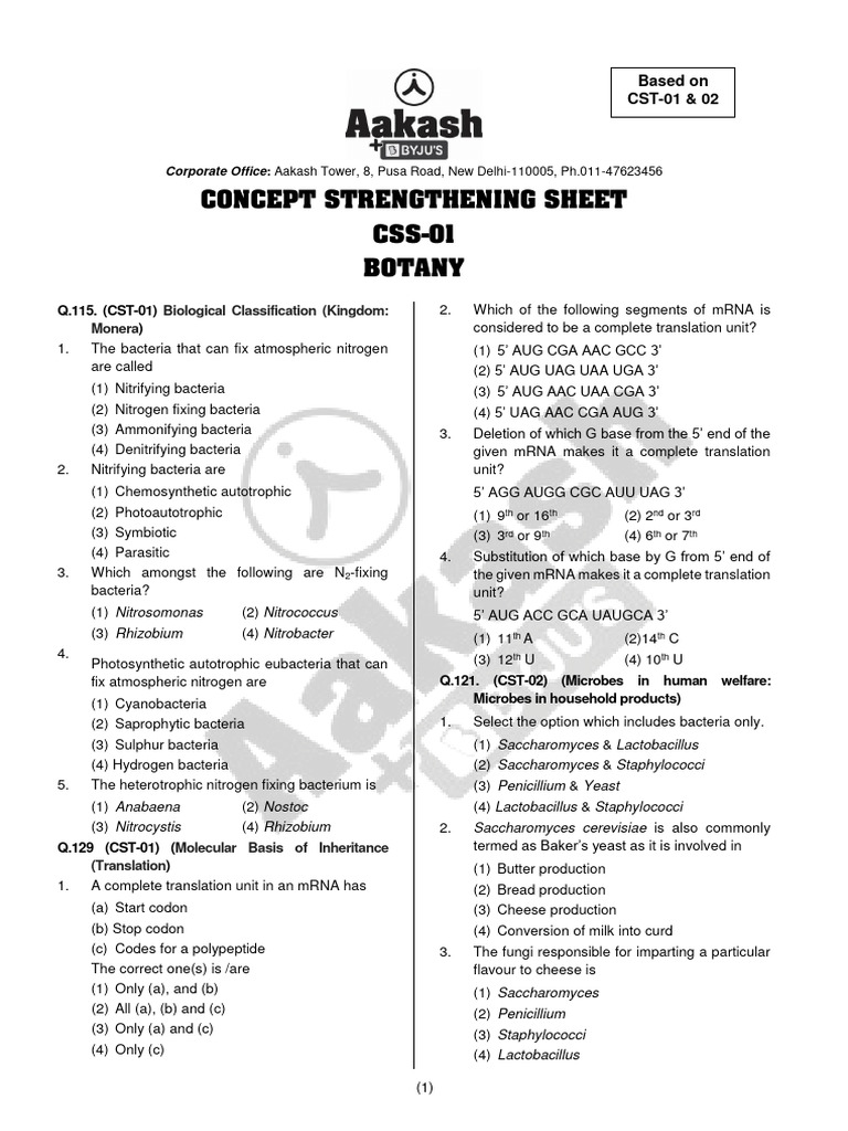 Concept Strengthening Sheet (CSS-01) Based On CST-01 & 02 - Botany | PDF | Virus | Nature