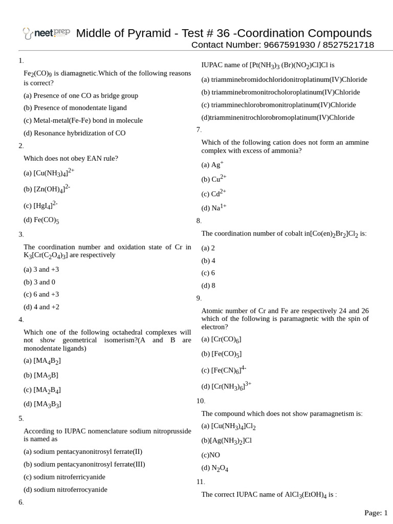 Test 36 - Coordination Compounds - Middle of Pyramid | PDF ...