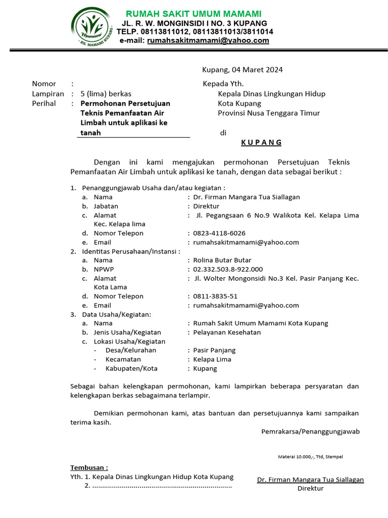 Surat Permohonan Pertek PEMANFAATAN Air Limbah Untuk Aplikasi Ke Tanah ...