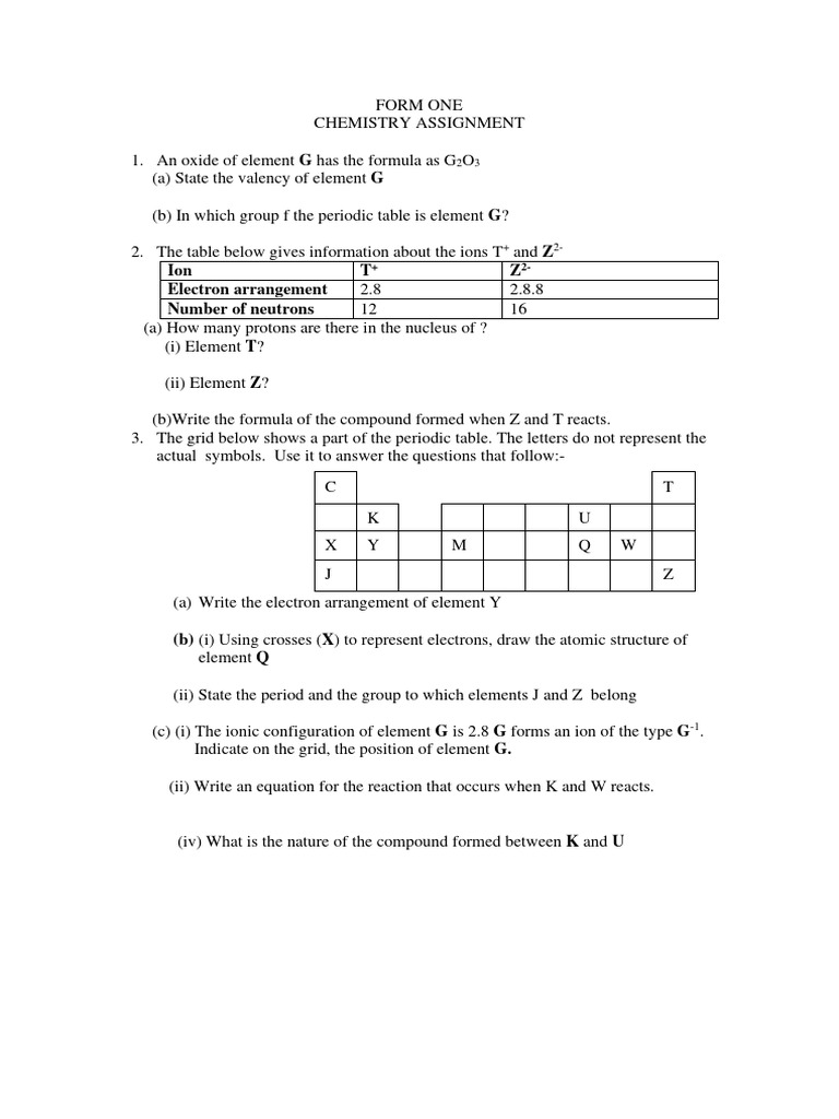 Structure of The Atom Assignments - Form 1 - Chemistry | PDF