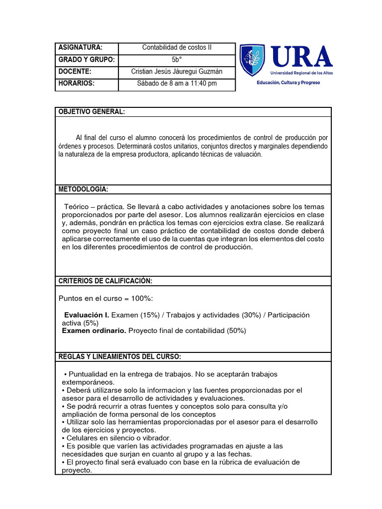 Planeación de Curso 5b Contaduria | PDF