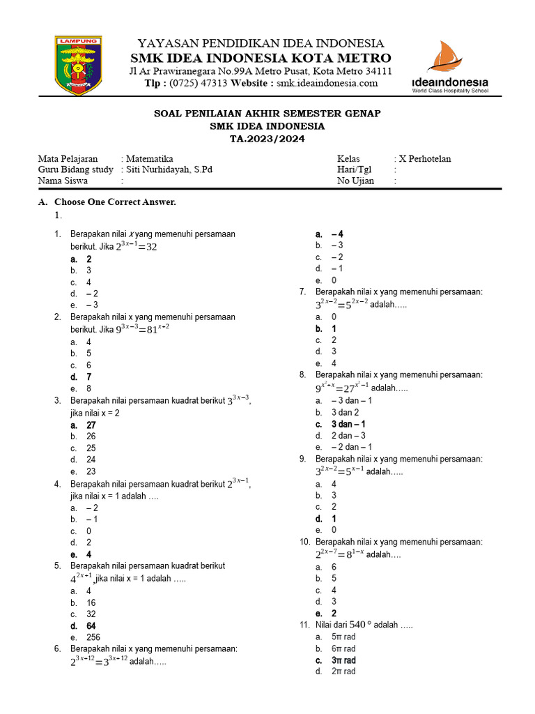 Soal PTS MTK Kelas X Genap Idea | PDF
