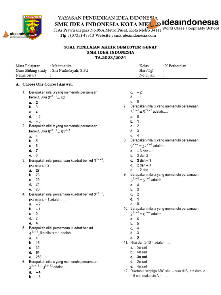Soal PTS MTK Kelas X Genap Idea | PDF
