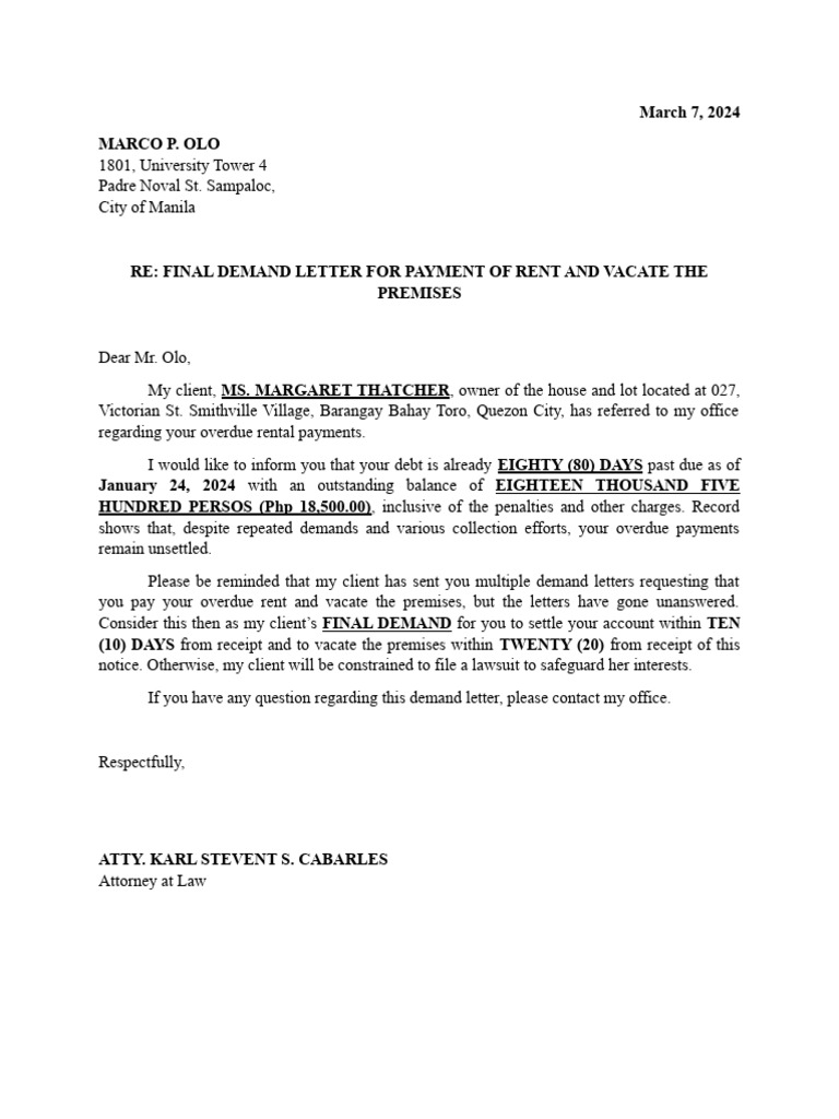 Cabarles - Demand Letter Preparatory To An Ejectment Case - Draft | PDF