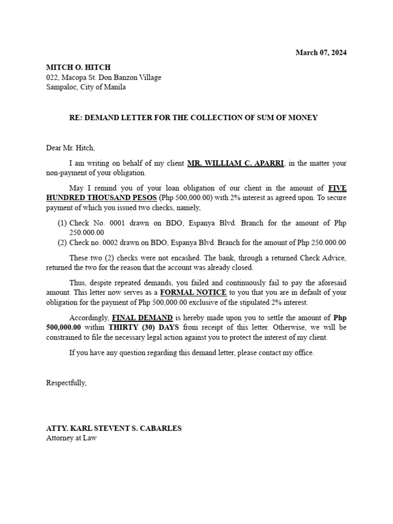 Cabarles - Demand Letter-Collection For Sum of Money - Draft | PDF