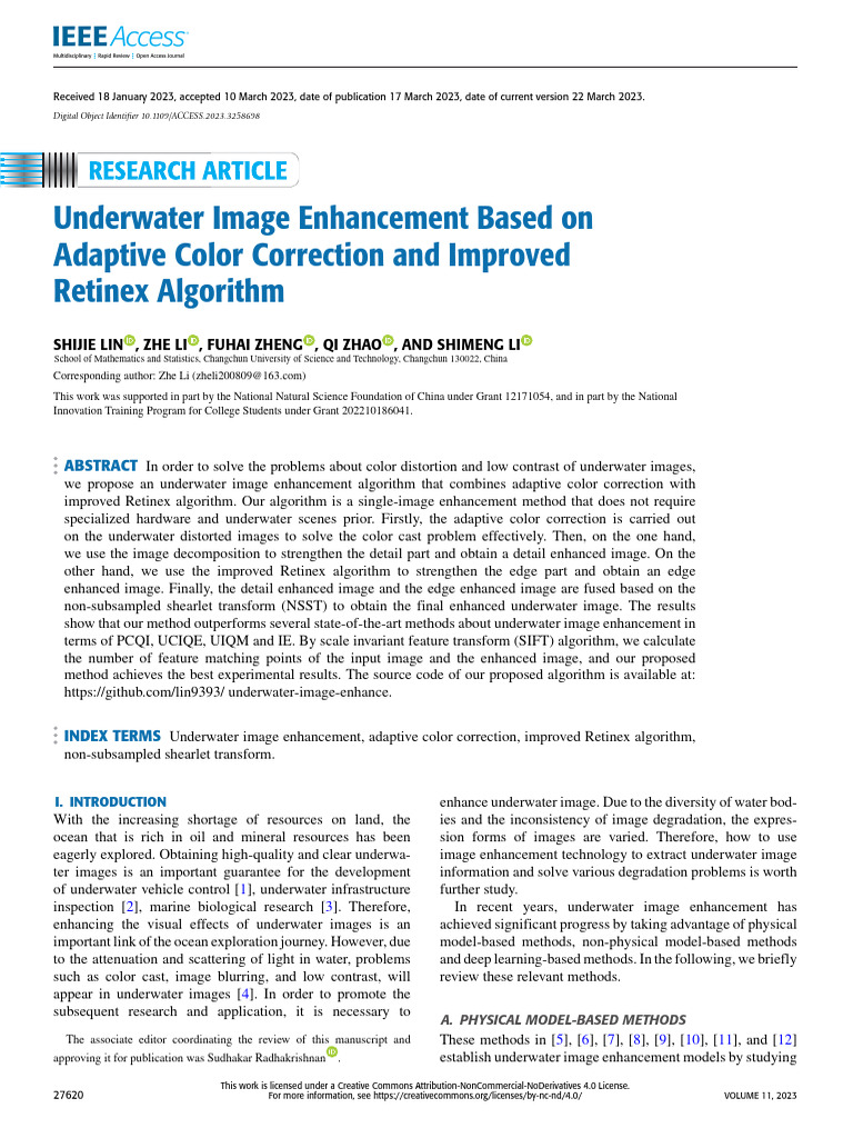 Underwater Image Enhancement Based On Adaptive Color Correction and Improved Retinex Algorithm ...