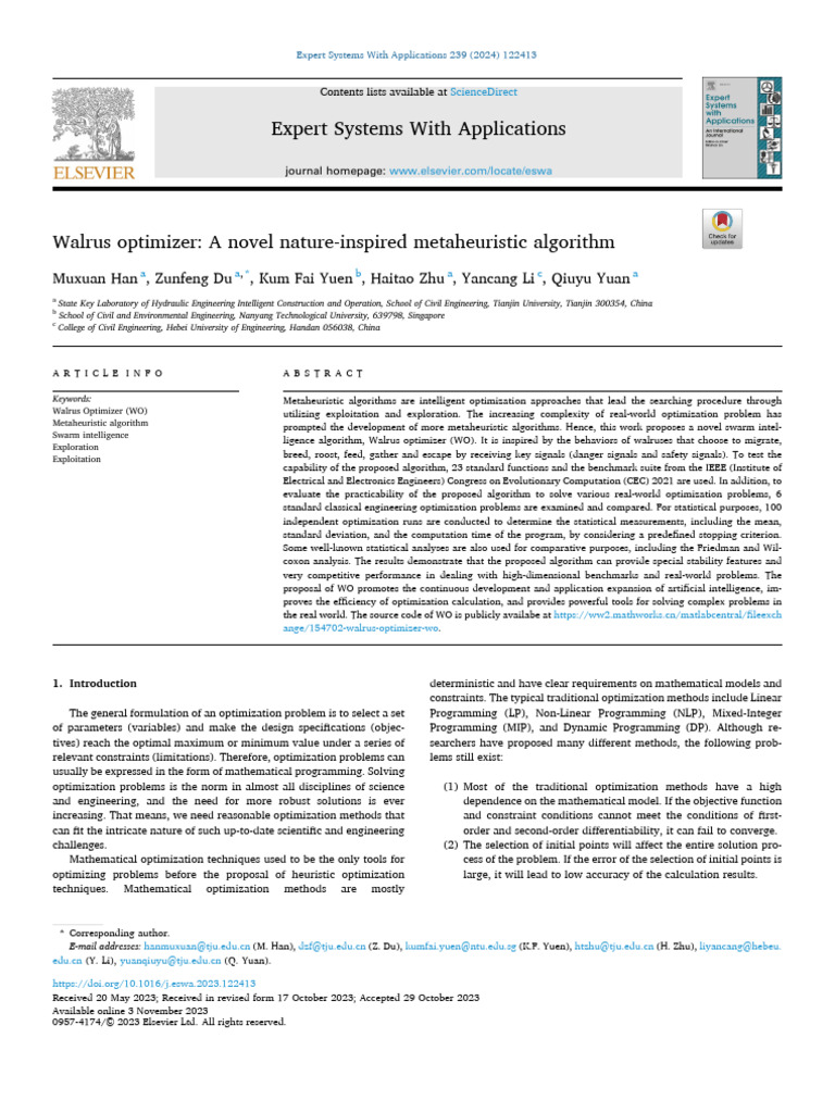 Walrus Optimization Pdf Metaheuristic Mathematical Optimization