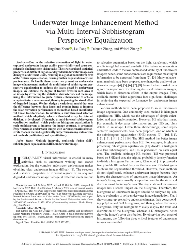 Underwater Image Enhancement Method Via Multi-Interval Subhistogram Perspective Equalization | PDF