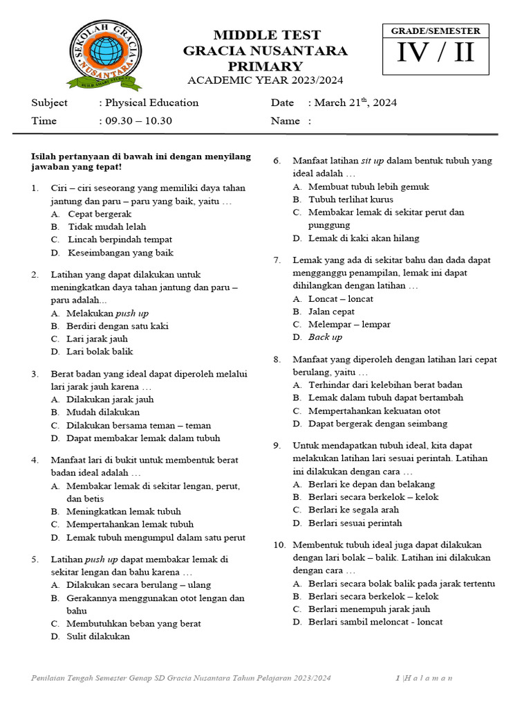 Soal PTS Pjok P4 Print | PDF