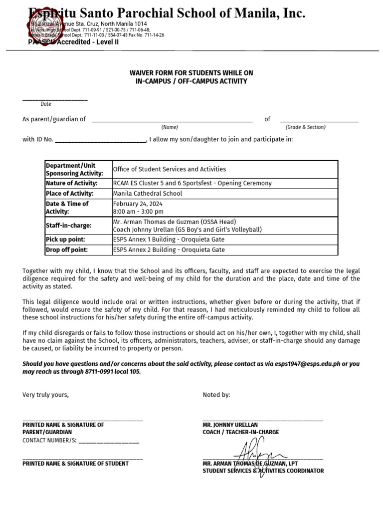 Student Waiver Form - CLUSTER 5 and 6 Sportsfest | PDF
