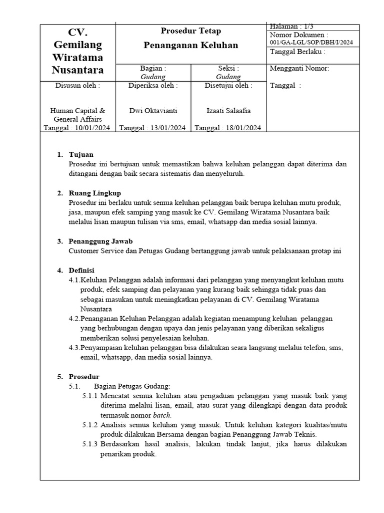 SOP Penanganan Keluhan Pelanggan | PDF