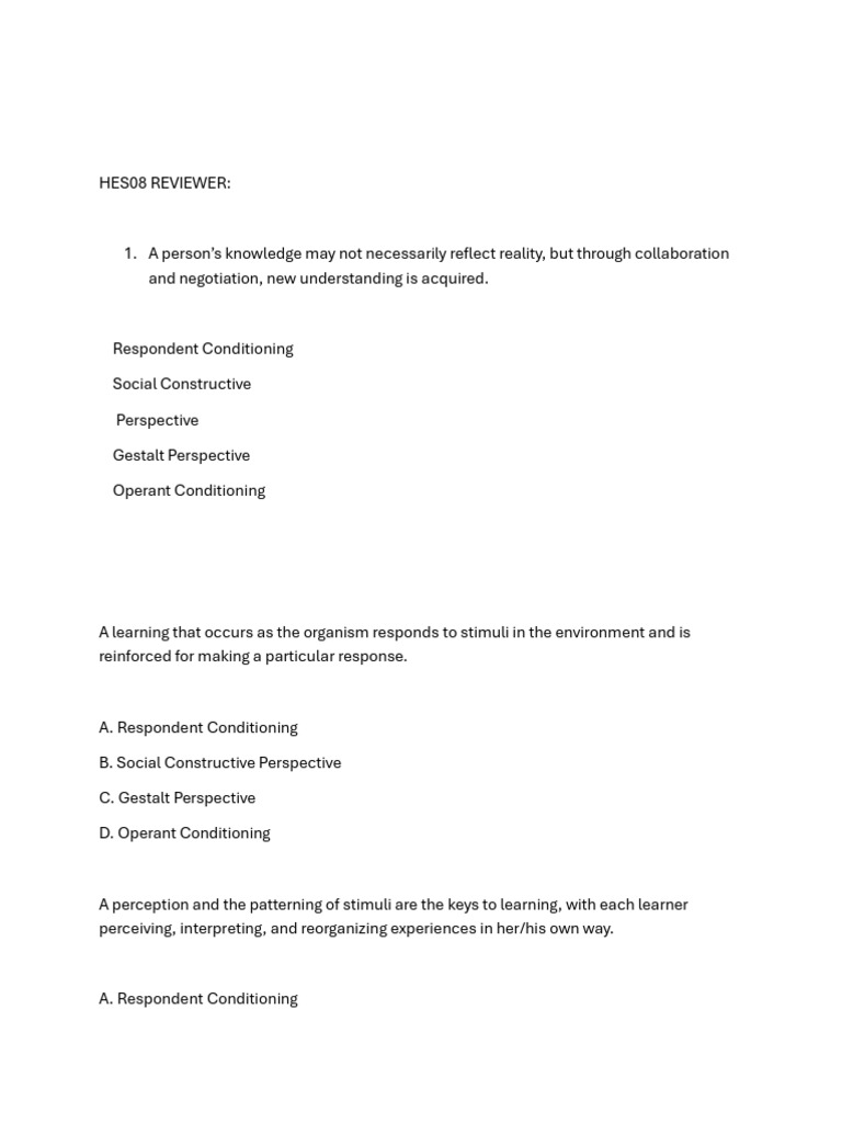 HES08 Reviewer | PDF | Learning | Classical Conditioning