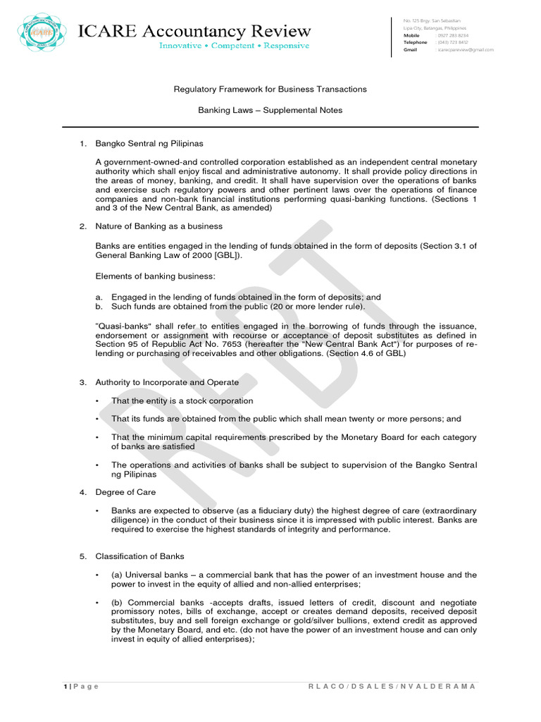 RFBT 04 23 Banking Laws - Supplemental Notes Part 1 | PDF | Banks ...