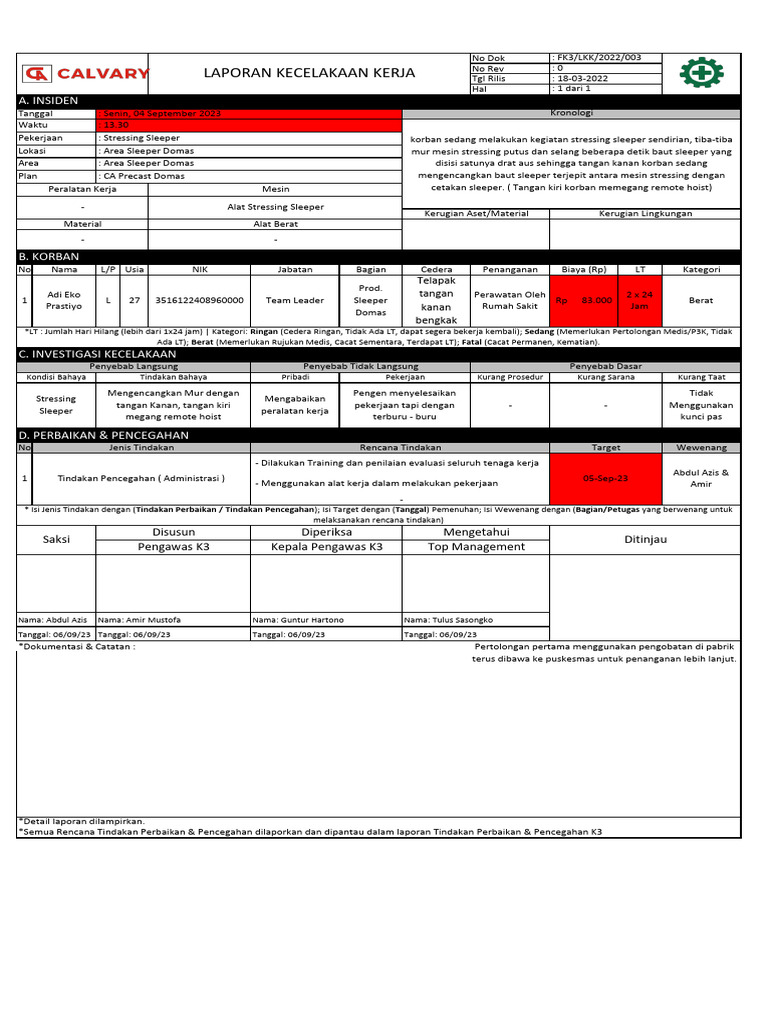 00-00-2023 F.K3-03 Laporan Kecelakaan Kerja Adi Eko | PDF