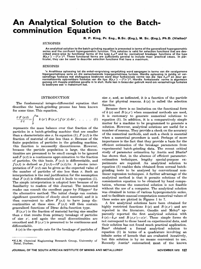 King 1972 An Analytical Solution To The Batch Comminution Equation ...